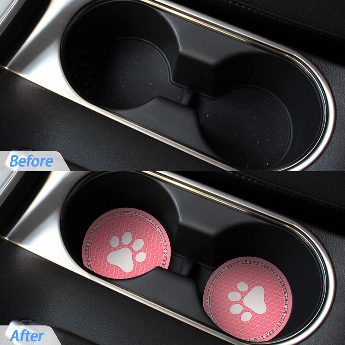 2PCS Universal Bling Car Cup Coaster, Rhinestone Car Accessories, 2.75 inch Dog Paw Car Cup Holder Insert Mat Pad Set,Suitable for Most Car Interior (Dark Pink)