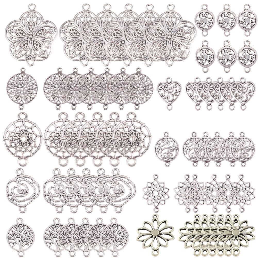 SUNNYCLUE 1 Box 60pcs Assorted Connector Charms Flower Tree of Life Charms Dream Catcher Antique Silver Chakra Heart Linking Connectors Charm for Jewelry Making Charms DIY Craft Supplies Accessories