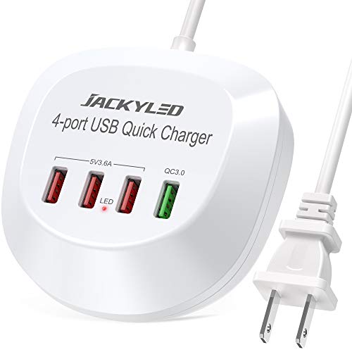 USB Charging Station with Quick Charge 3.0, JACKYLED 4 USB Charging Hub, Desktop USB Charger Station for Multiple Devices, Compatible with iPhone iPad Galaxy Smart Phone for Home Travel, White