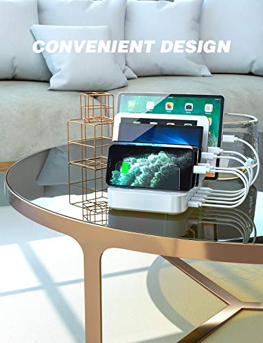 Charging Station for Multiple Devices - 5 in 1 Charging Dock Built-in AC Adapter with 5 USB Fast Ports and 8 Short Cables Charging Stand for iWatch, Airpods, Cell Phones, Smart Phones, Tablets (WHITE)
