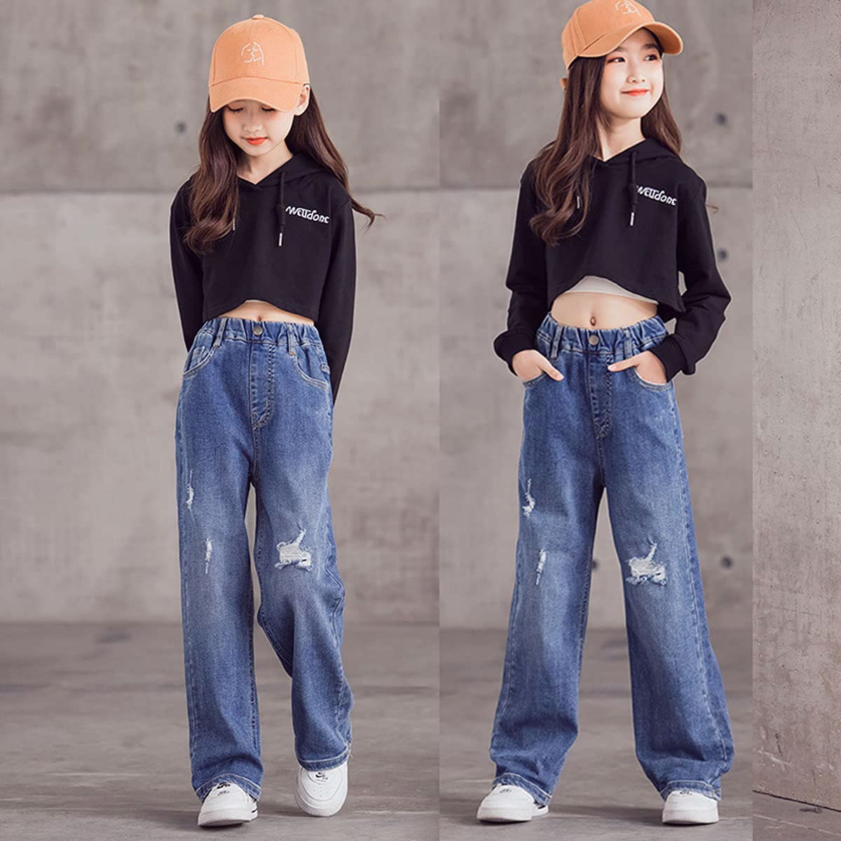 YaYatree Fashion Kids Girls Ripped Distressed Washed Wide Leg Casual Jeans Size 4-13 yrs (Blue Solid, 10-11 Years)