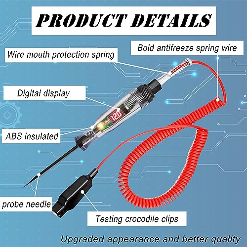 Hawyet 1 PC 6V/12V/24V Auto Bidirectional Voltage Tester, Car Test Light Digital LED Circuit Tester with Extended Spring Wire, DC Inductive Test Pen (Red #Clip)