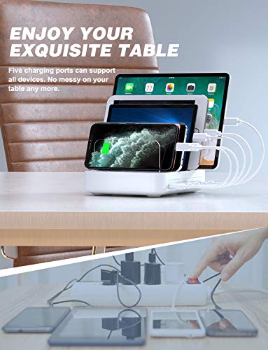 Charging Station for Multiple Devices - 5 in 1 Charging Dock Built-in AC Adapter with 5 USB Fast Ports and 8 Short Cables Charging Stand for iWatch, Airpods, Cell Phones, Smart Phones, Tablets (WHITE)