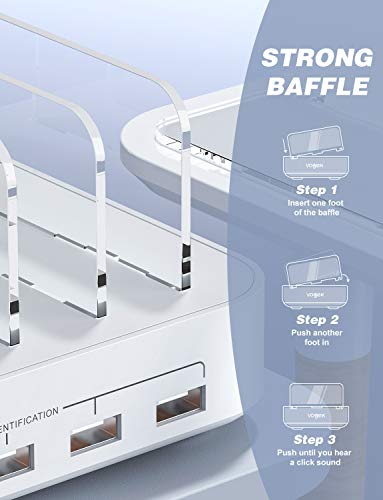Charging Station for Multiple Devices - 5 in 1 Charging Dock Built-in AC Adapter with 5 USB Fast Ports and 8 Short Cables Charging Stand for iWatch, Airpods, Cell Phones, Smart Phones, Tablets (WHITE)