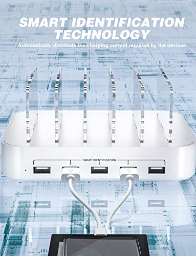 Charging Station for Multiple Devices - 5 in 1 Charging Dock Built-in AC Adapter with 5 USB Fast Ports and 8 Short Cables Charging Stand for iWatch, Airpods, Cell Phones, Smart Phones, Tablets (WHITE)