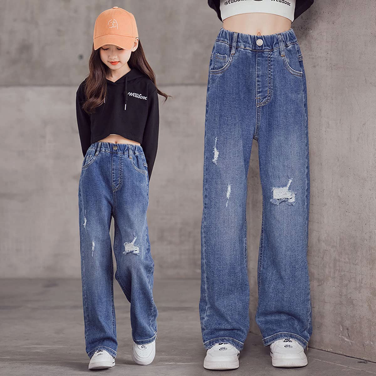 YaYatree Fashion Kids Girls Ripped Distressed Washed Wide Leg Casual Jeans Size 4-13 yrs (Blue Solid, 10-11 Years)
