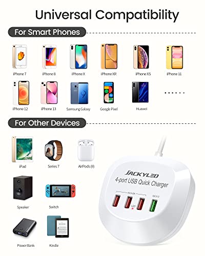 USB Charging Station with Quick Charge 3.0, JACKYLED 4 USB Charging Hub, Desktop USB Charger Station for Multiple Devices, Compatible with iPhone iPad Galaxy Smart Phone for Home Travel, White