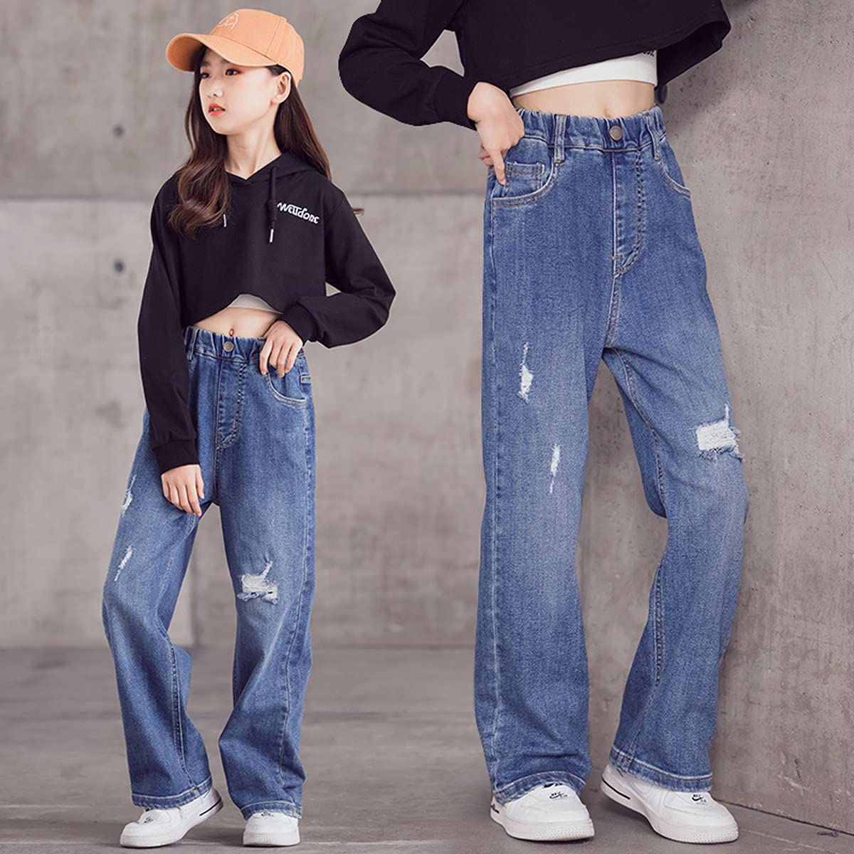 YaYatree Fashion Kids Girls Ripped Distressed Washed Wide Leg Casual Jeans Size 4-13 yrs (Blue Solid, 10-11 Years)