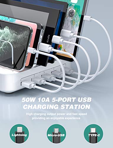Charging Station for Multiple Devices - 5 in 1 Charging Dock Built-in AC Adapter with 5 USB Fast Ports and 8 Short Cables Charging Stand for iWatch, Airpods, Cell Phones, Smart Phones, Tablets (WHITE)