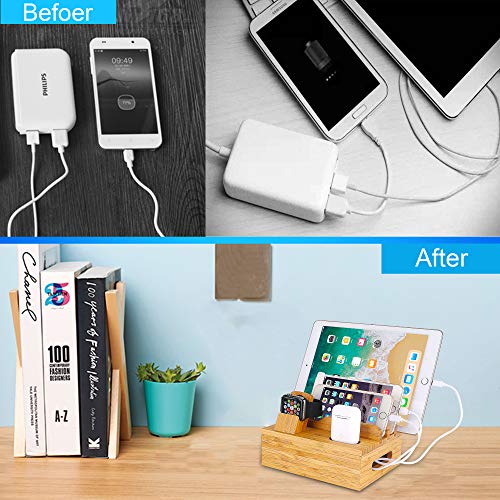 Bamboo Wood Desktop Organizer Charging Docking Station Charger Holder Cradle Charge Stand compatible with iPhone 13 12 Pro Max iPad Apple Watch 3 4 / iWatch 38 & 42mm AirPods & AirPods Pro Smartphones