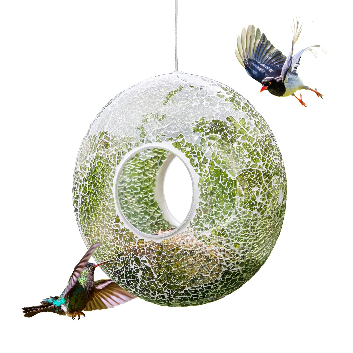 Bird Feeder,Wild Bird Feeders for Outside,Hanging Bird Feeder,Circle Glass Birdfeeder, Bird Feeders for Garden Yard Decoration, Green Circle