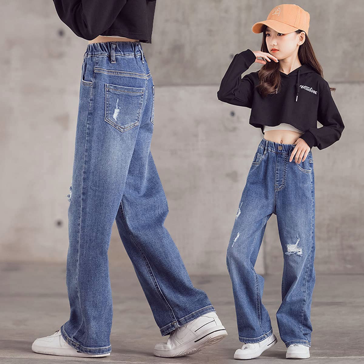 YaYatree Fashion Kids Girls Ripped Distressed Washed Wide Leg Casual Jeans Size 4-13 yrs (Blue Solid, 10-11 Years)