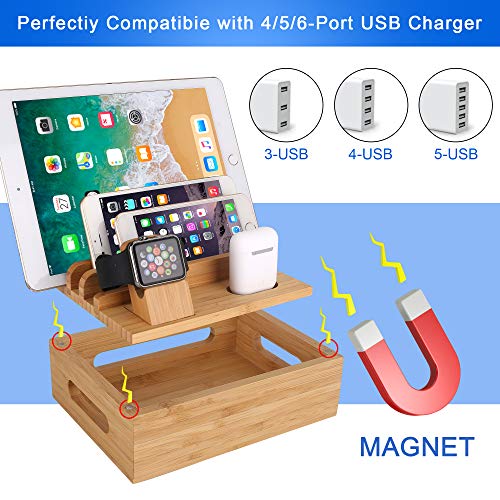 Bamboo Wood Desktop Organizer Charging Docking Station Charger Holder Cradle Charge Stand compatible with iPhone 13 12 Pro Max iPad Apple Watch 3 4 / iWatch 38 & 42mm AirPods & AirPods Pro Smartphones