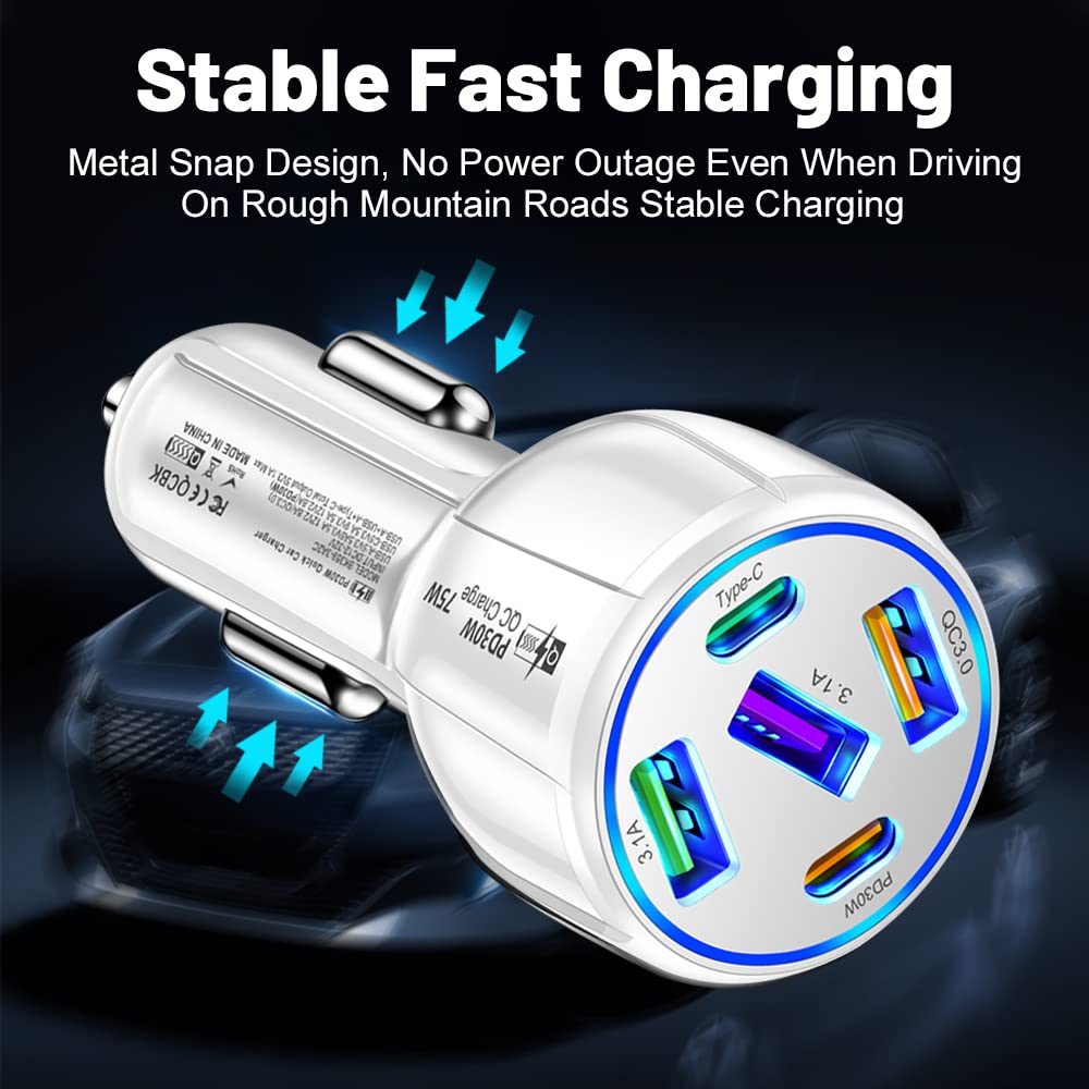 75W Ultra-Fast Car Charger, 30W/QC3.0/Type C 5-Port Smart Shunt 12 Volt Car Adapter Cigarette Lighter USB Charger Compatible with iPhone 14 Pro MAX/13,MacBook Pro,iPad Pro (3USB+2PD White)