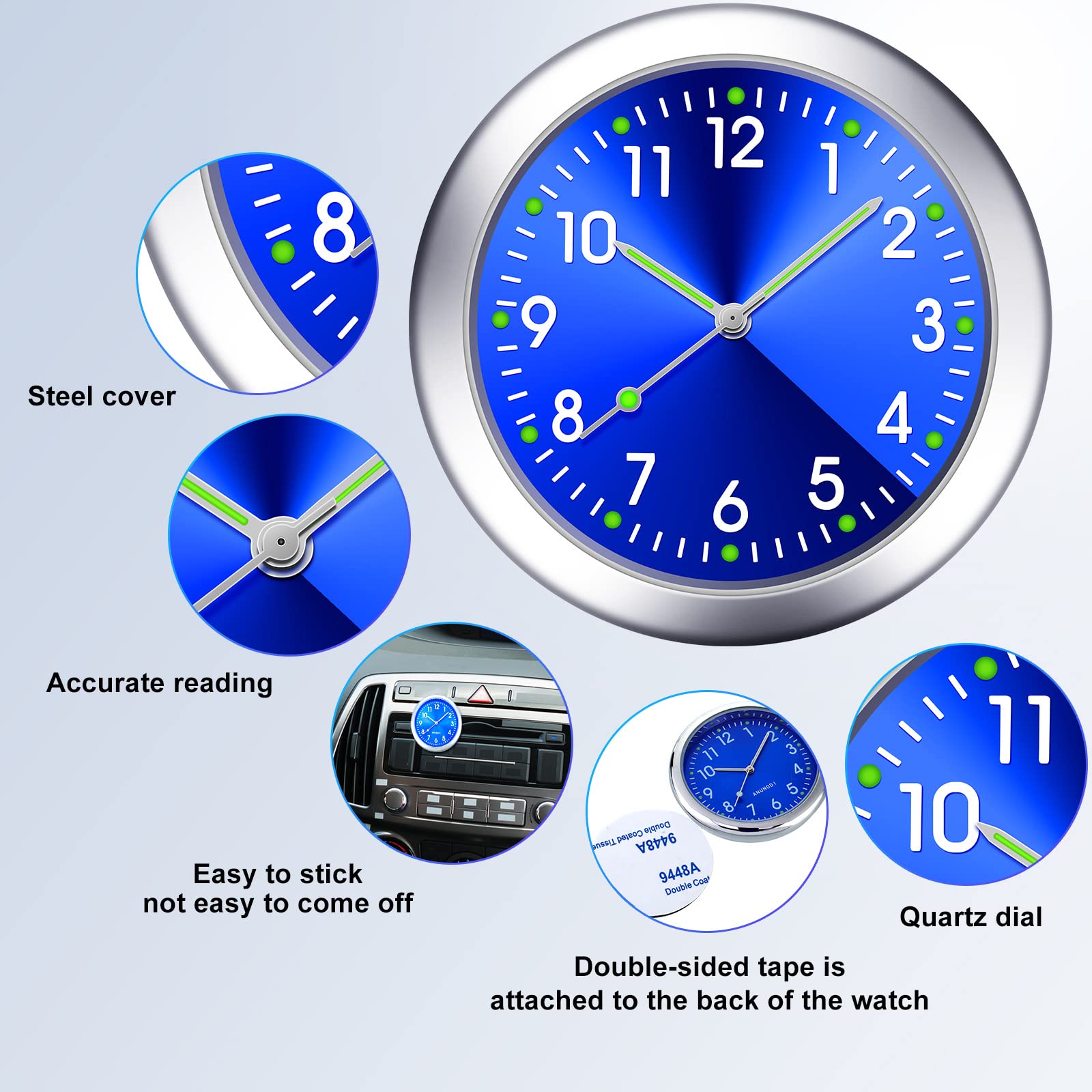 2 Pieces Stick on Dashboard Car Clock Mini Tiny Small Luminous Car Vent Clocks Watch for Dashboard Boat Bike Home (Black, Blue)