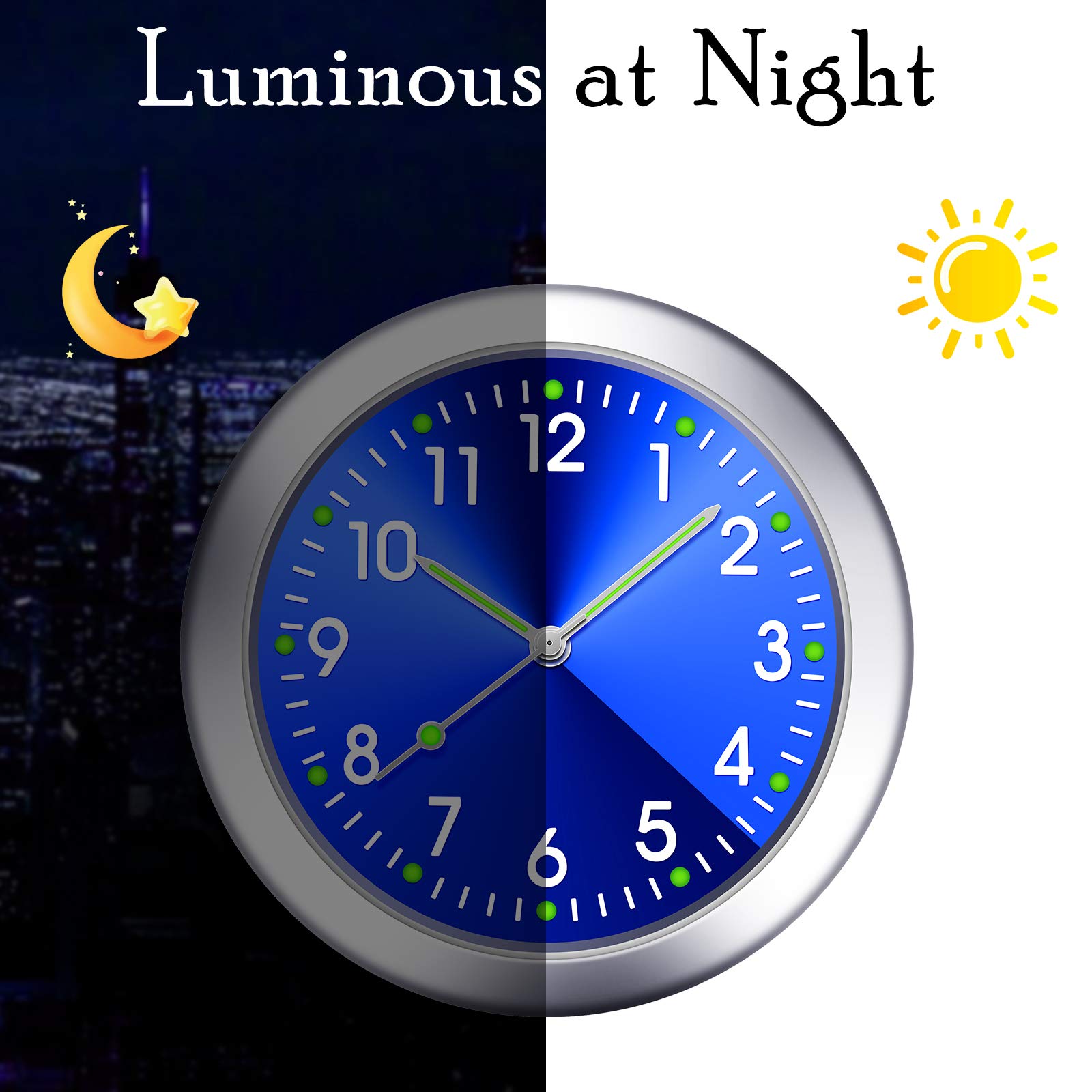 2 Pieces Stick on Dashboard Car Clock Mini Tiny Small Luminous Car Vent Clocks Watch for Dashboard Boat Bike Home (Black, Blue)