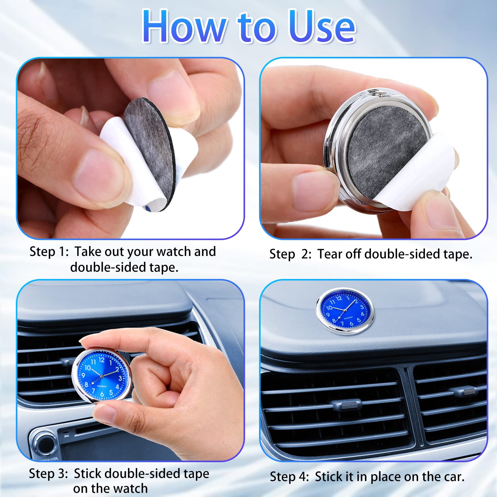 2 Pieces Stick on Dashboard Car Clock Mini Tiny Small Luminous Car Vent Clocks Watch for Dashboard Boat Bike Home (Black, Blue)