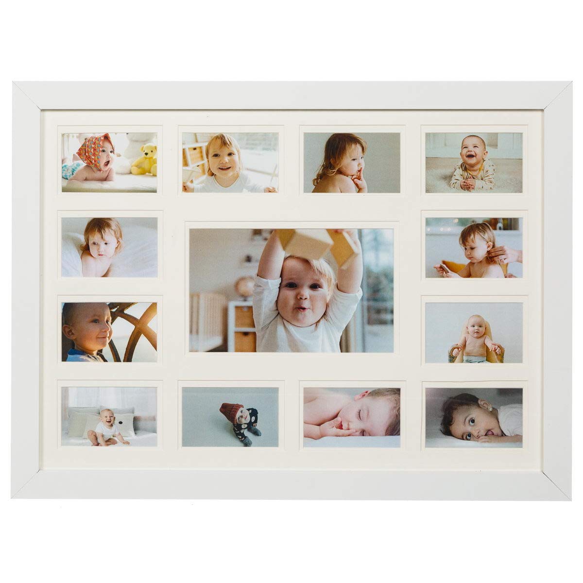 WOOD SIDE ORBIS 13 Opening Collage Picture Frame K-12 with Double White Mat - Displays One 4x6 and Twelve Wallet Size 2.5x3.5 - Wall Mounting, Landscape, Portrait