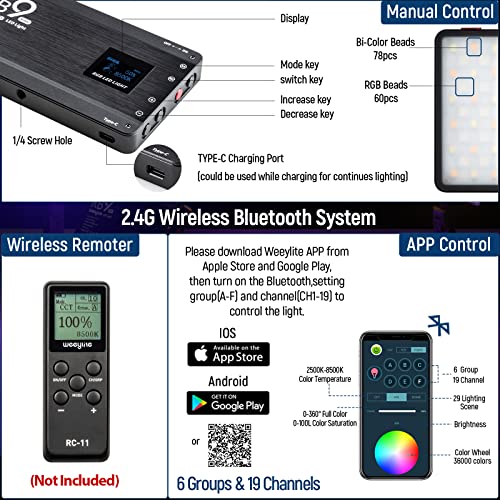 Weeylite RB9 RGB Camera Video Light, App Control 12W Rechargeable LED On Camera Light for RGB Photography Lighting, Portable LED Video Light Panel for DSLR Camcorder TikTok/Twitch Video Recording