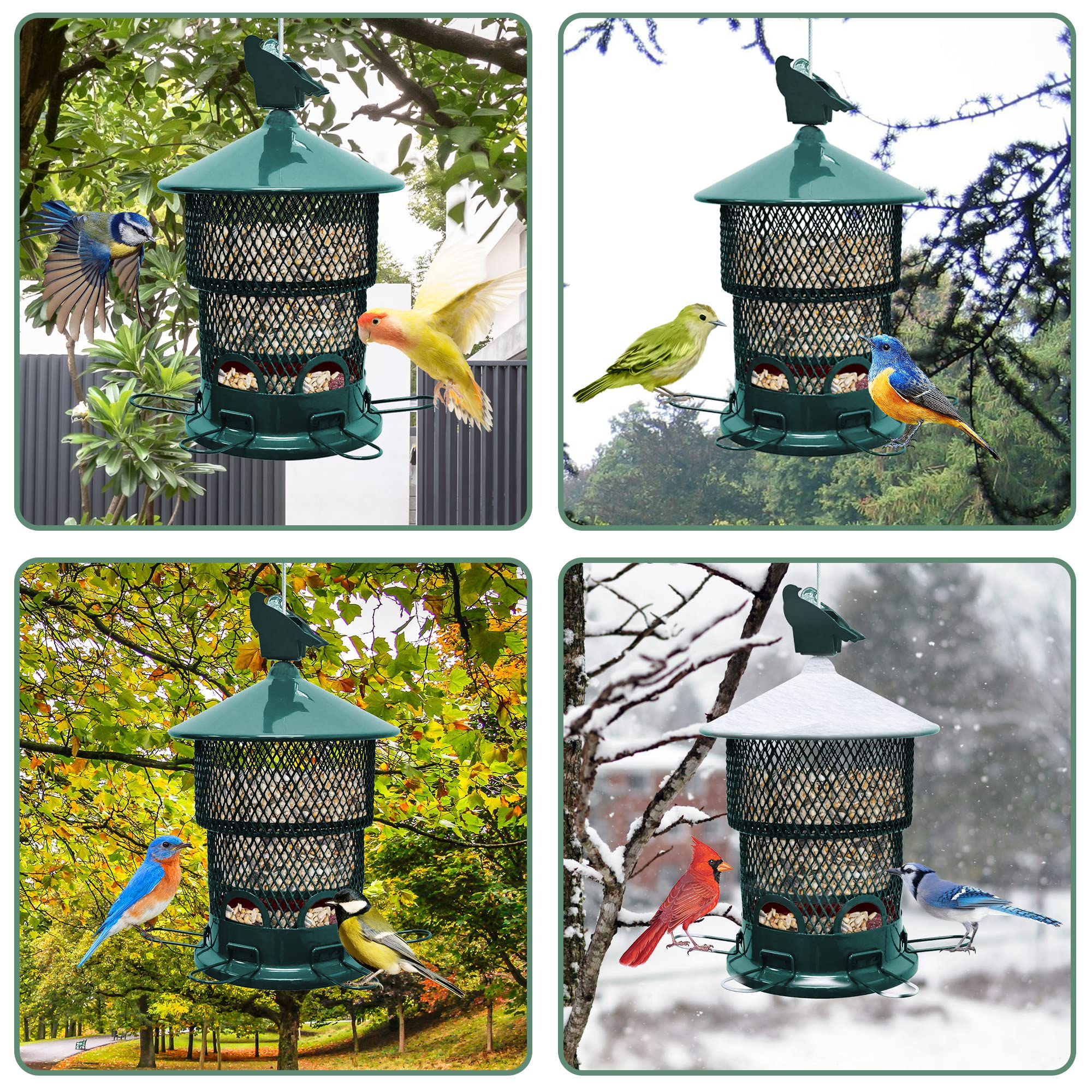 Bird Feeders for Outdoors Hanging, Way2Furn Wild Bird Feeder Squirrel Proof, Adjustable Metal Outside Feeder with 3.8 lbs Seed Large Capacity for Cardinal, Sparrow, Finch, Chickadee (Green)