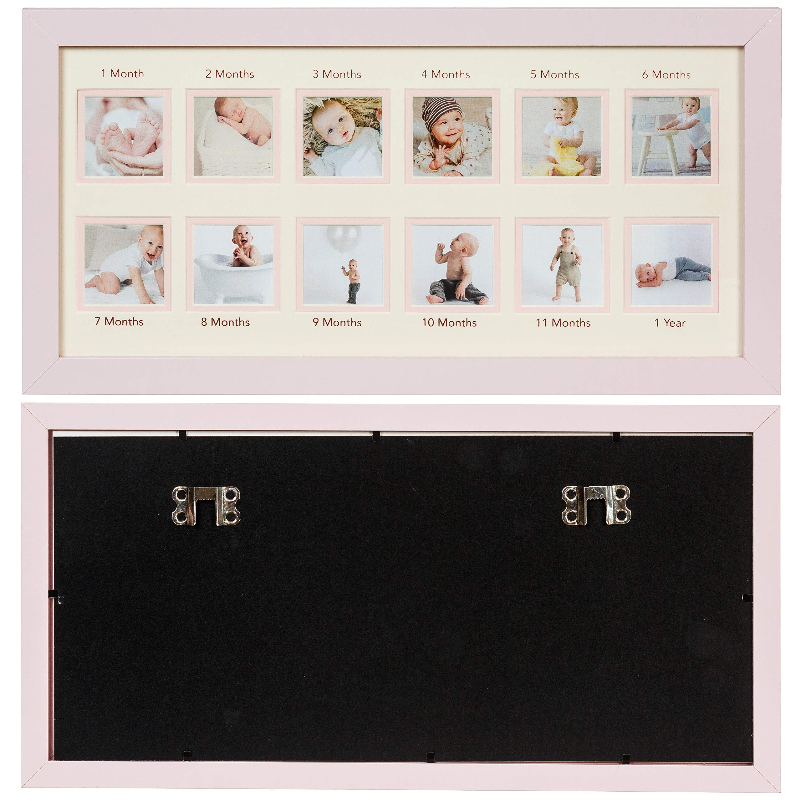 WOOD SIDE ORBIS First Year Newborn Baby Collage Keepsake Picture Frame for Photo Memories with Double Beige Mat and Twelve 2.5x2.5 Slots - Pink