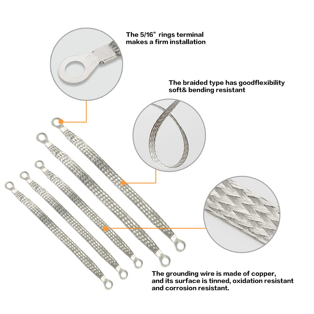 Universal Flat Braided Copper Ground Strap,Professional Vehicle Grounding Cable Straps with Terminals Plugs,Tinplate Silver Color Automotive Engine Copper Ground Strap for Most Cars