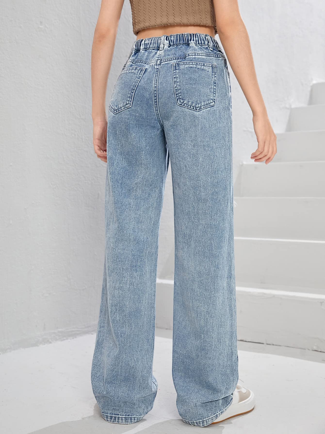 Verdusa Girl's Casual Distressed Ripped Elastic Waist Wide Leg Denim Pants Jeans Light Wash 14Y