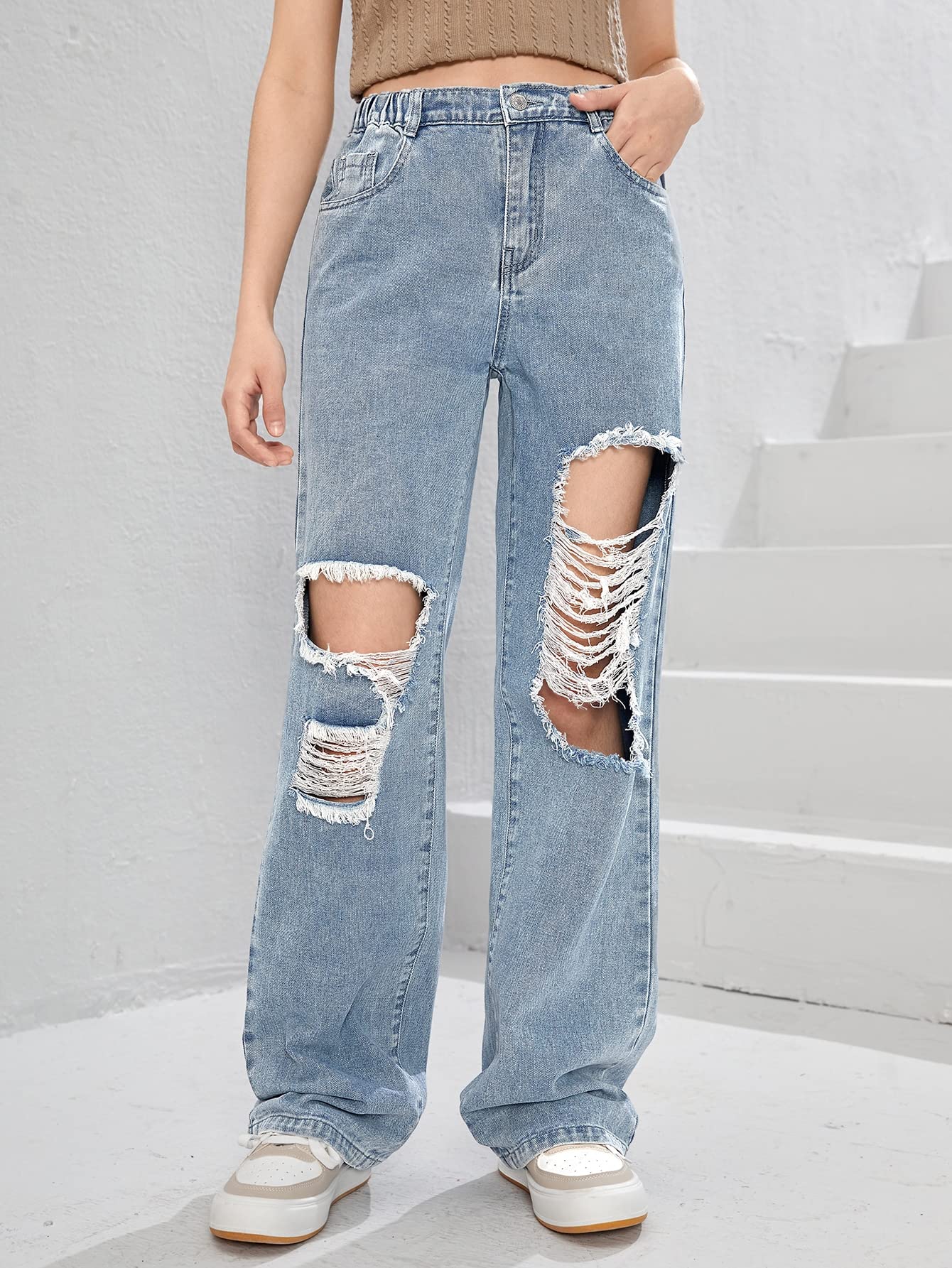 Verdusa Girl's Casual Distressed Ripped Elastic Waist Wide Leg Denim Pants Jeans Light Wash 14Y