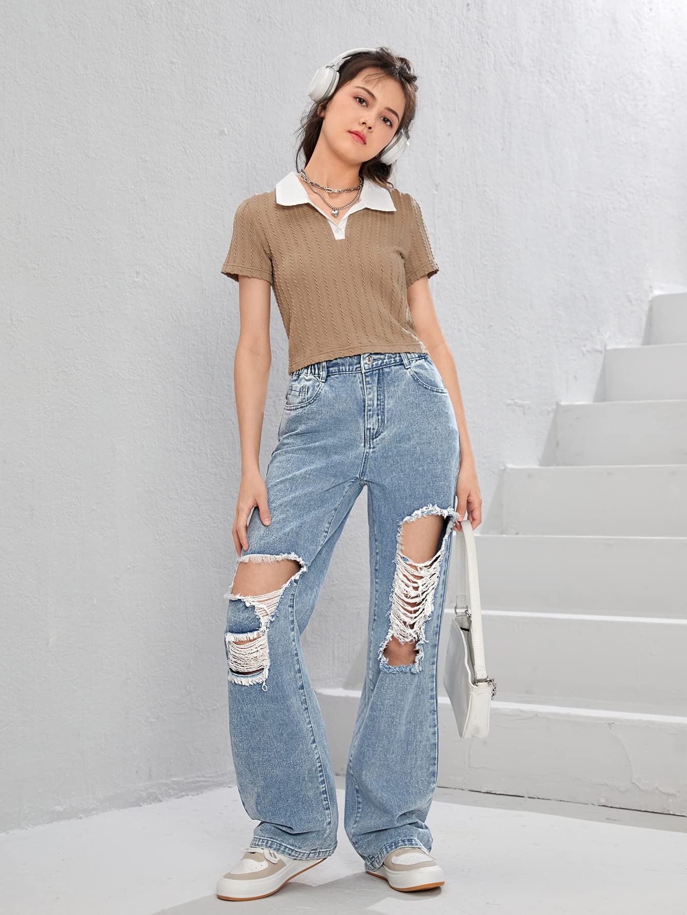 Verdusa Girl's Casual Distressed Ripped Elastic Waist Wide Leg Denim Pants Jeans Light Wash 14Y