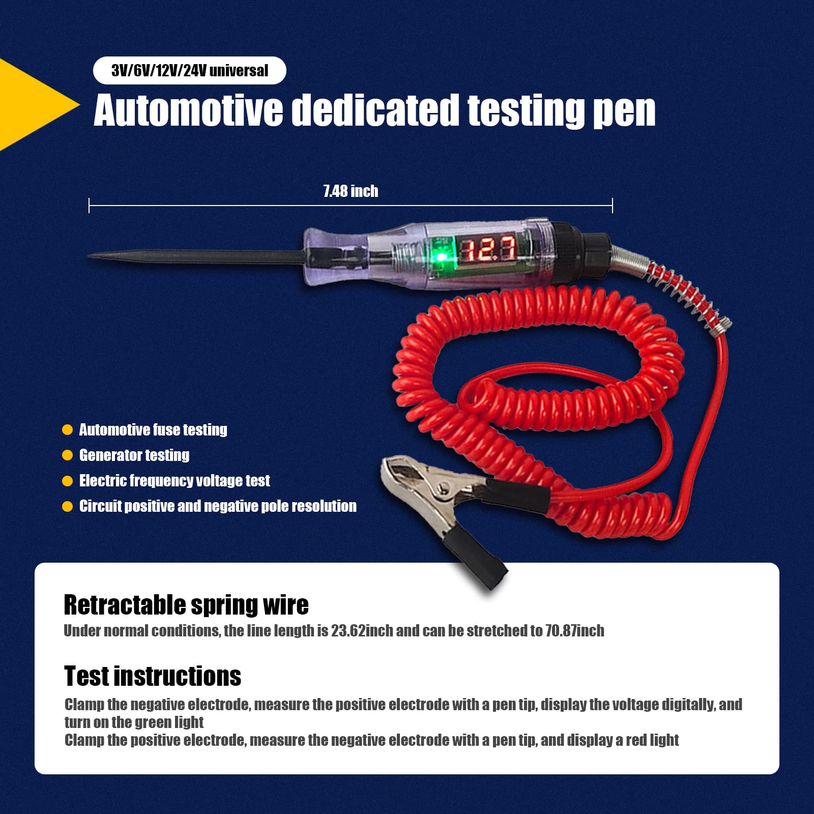 Sodcay 1 PC Automotive Test Light Digital LED Circuit Tester, DC 3V/6V/12V/24V Inductive Test Pen with 70.8 Inches Retractable Spring Wire, for Checking Vehicle Car Truck Motorcycle (Black & Red)