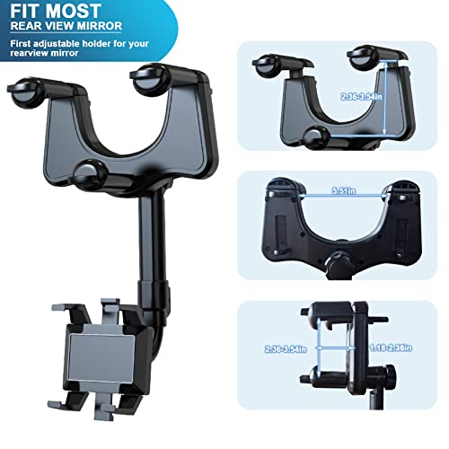 2022 Rearview Mirror Phone Holder for Car - Rotatable and Retractable Car Phone Holder, Multifunctional 360° Rear View Mirror Phone Holder Suitable for All Mobile Phones and All Car (Black 1PC)