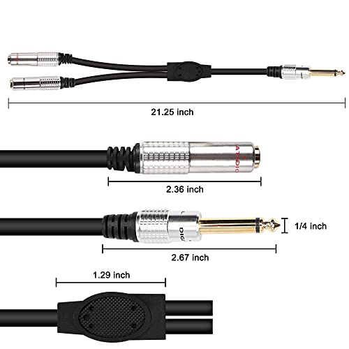 XMSJSIY 6.35mm TS Guitar Signal Audio Y Splitter Cable, 1/4" Male to Dual Mono 1/4" Female Adapter with Gold-Plated OFC HiFi TS Speaker Headphone Extension Cable-0.5M/1.6FT