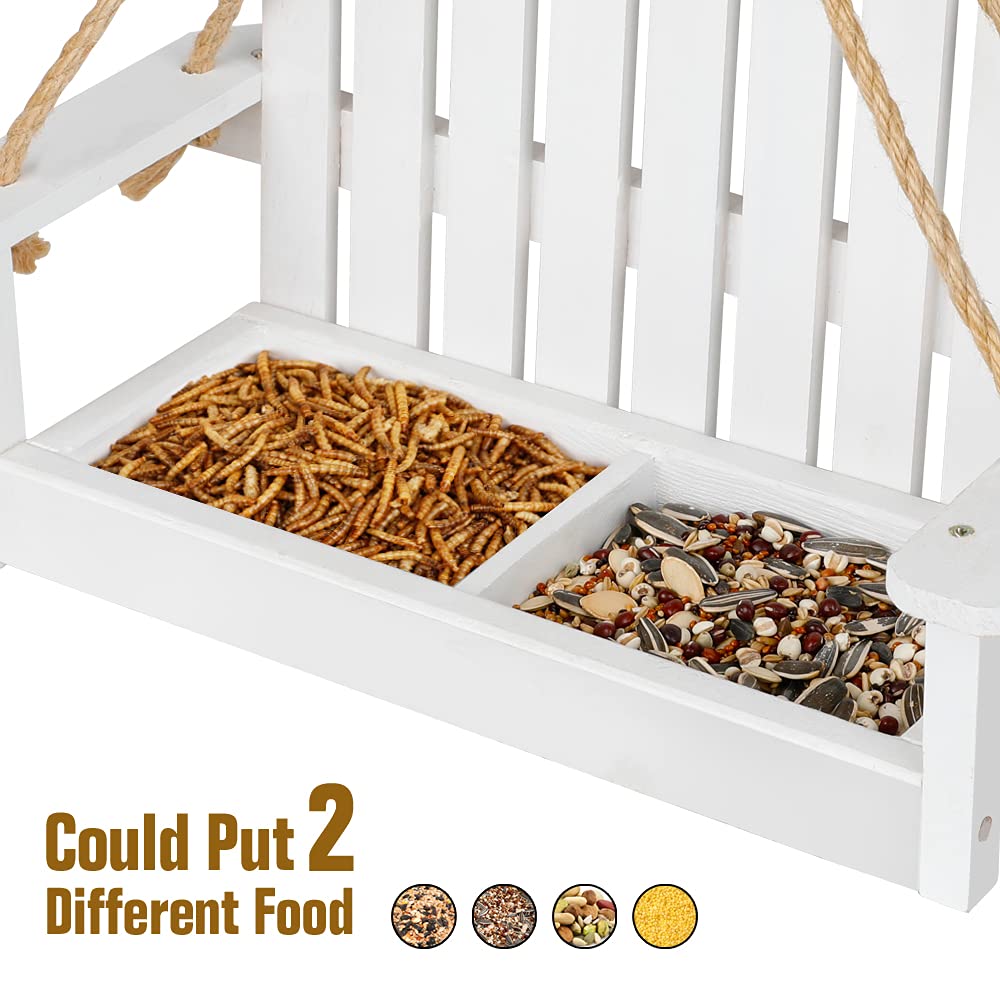 Solution4Patio White Swing Wild Bird Feeder for Outside, Metal Mesh Bottom, Cute Bench Bird Feeder or Squirrel Feeder for Yard, Porch Decoration, Large Capacity, Easy to Fill & Clean, #8455