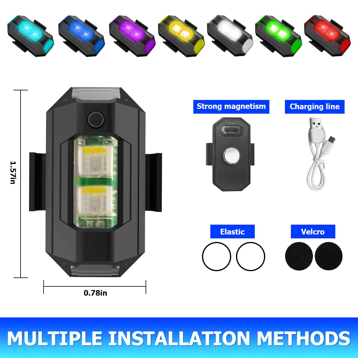 AICEL 2Pcs Mini LED Strobe Lights, Upgrade 7 Colors Led Aircraft Strobe Lights, USB Charging Magnetic Lights, Night Signal Emergency Warning Light for Car Motorcycle Bike Drone