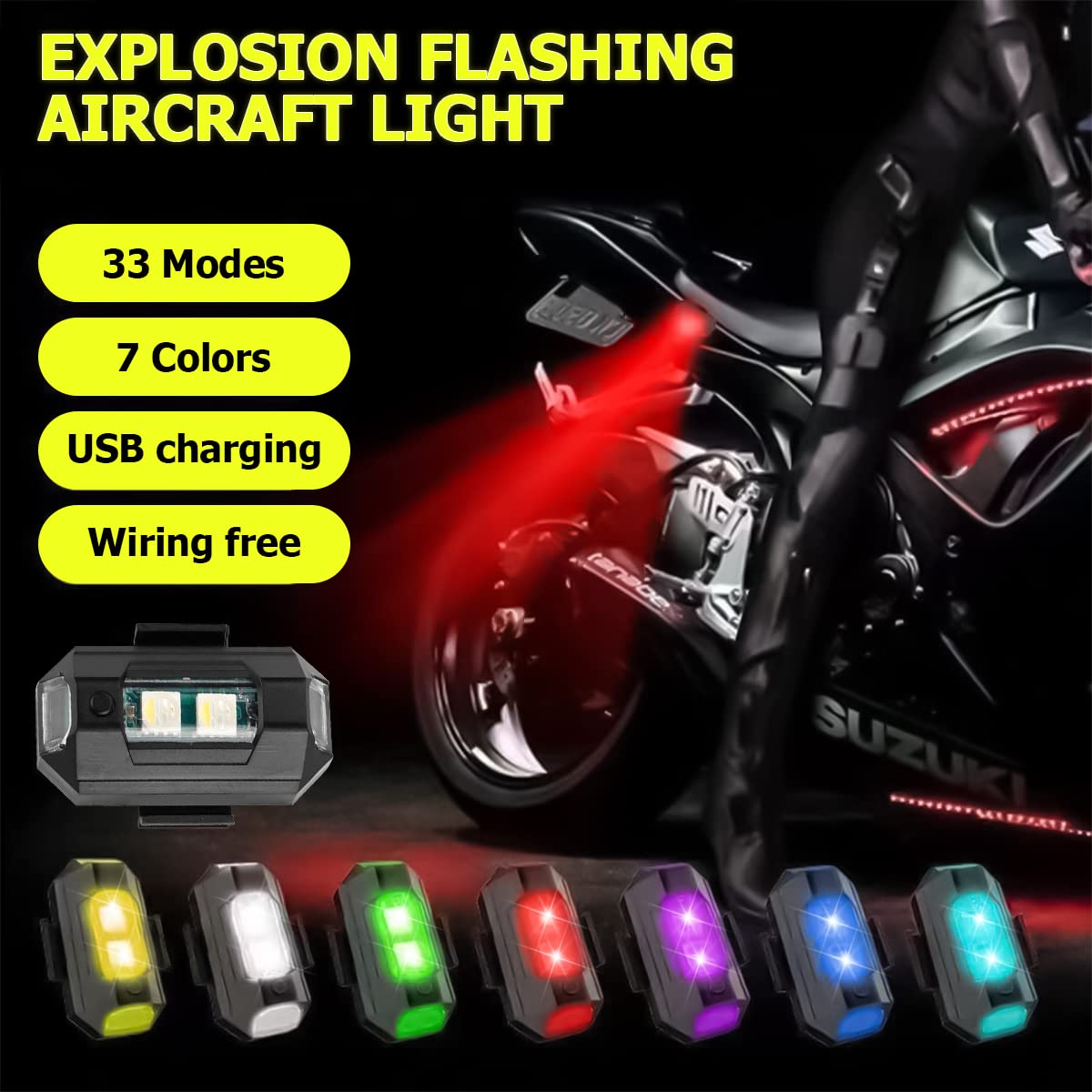 AICEL 2Pcs Mini LED Strobe Lights, Upgrade 7 Colors Led Aircraft Strobe Lights, USB Charging Magnetic Lights, Night Signal Emergency Warning Light for Car Motorcycle Bike Drone