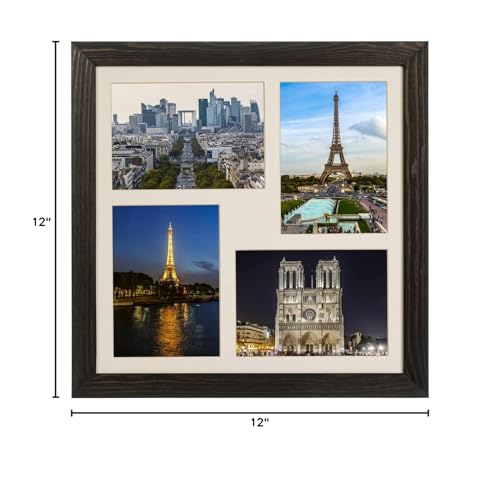 WOOD SIDE ORBIS Rustic Wooden Square Collage Photo Frame 12x12 β Display Four (4) 4x6 inch Pictures with Mat for Wall Hanging, Charcoal