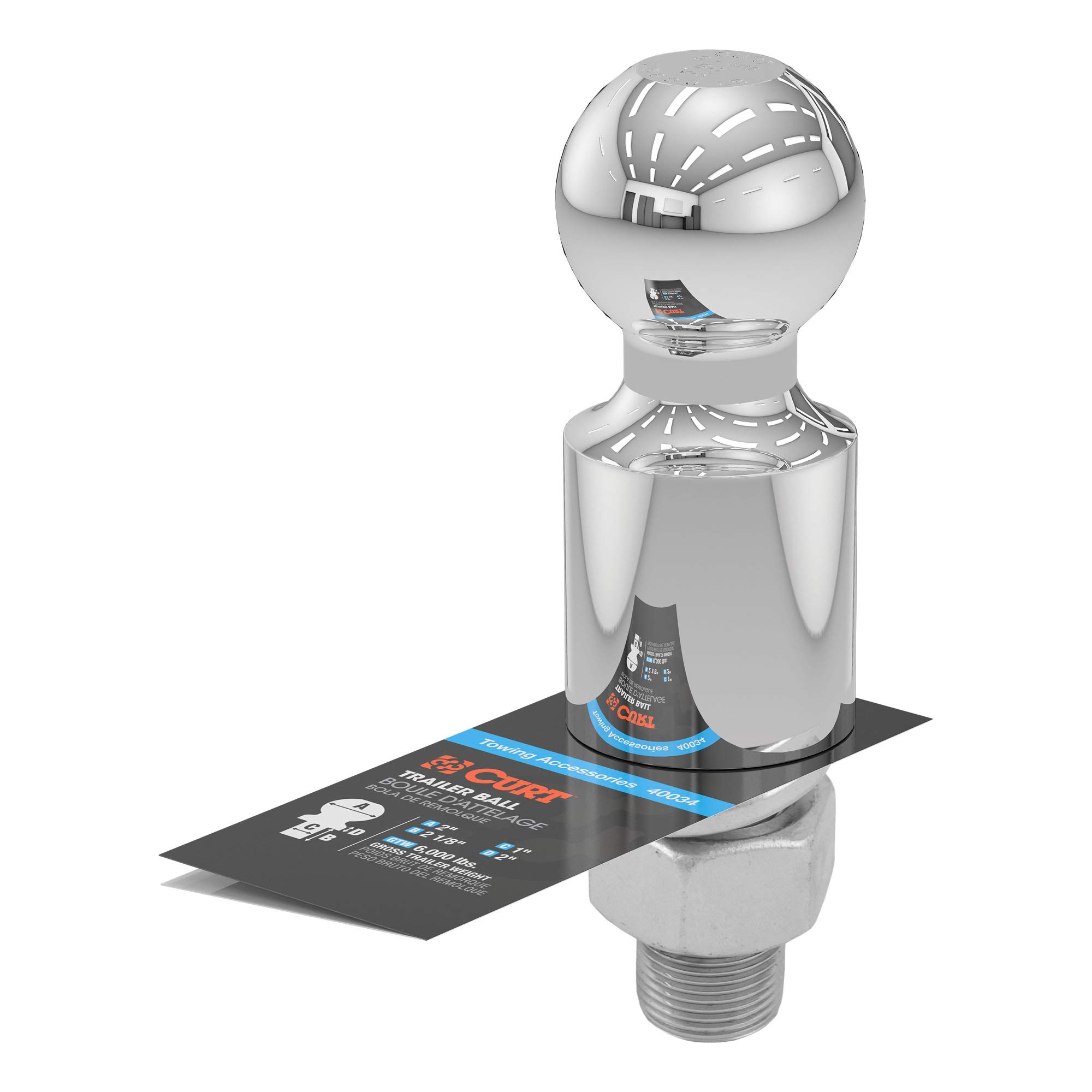 CURT 40034 Chrome Trailer Hitch Ball, 6,000 lbs, 2-Inch Rise, 2-Inch Diameter, 1 x 2-1/8-Inch Shank