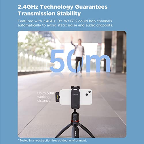 CalmGeek BY-WM3T2-D2 One-Trigger-Two Mini 2.4G Wireless Microphone System Clip-on Microphones 50M Transmission Built-in Battery Replacement for 13/12/11/10 Vlog Live Streaming