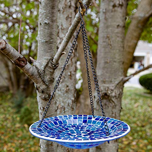 Lily's Home Hanging Colorful Mosaic Glass Bird Bath Bowl - 11" Diameter. (Blue)