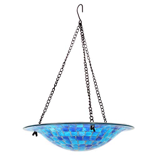 Lily's Home Hanging Colorful Mosaic Glass Bird Bath Bowl - 11" Diameter. (Blue)