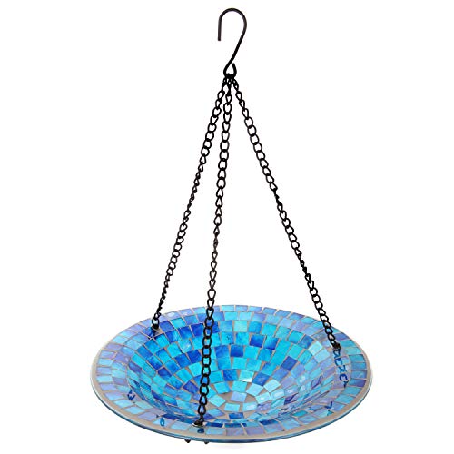 Lily's Home Hanging Colorful Mosaic Glass Bird Bath Bowl - 11" Diameter. (Blue)