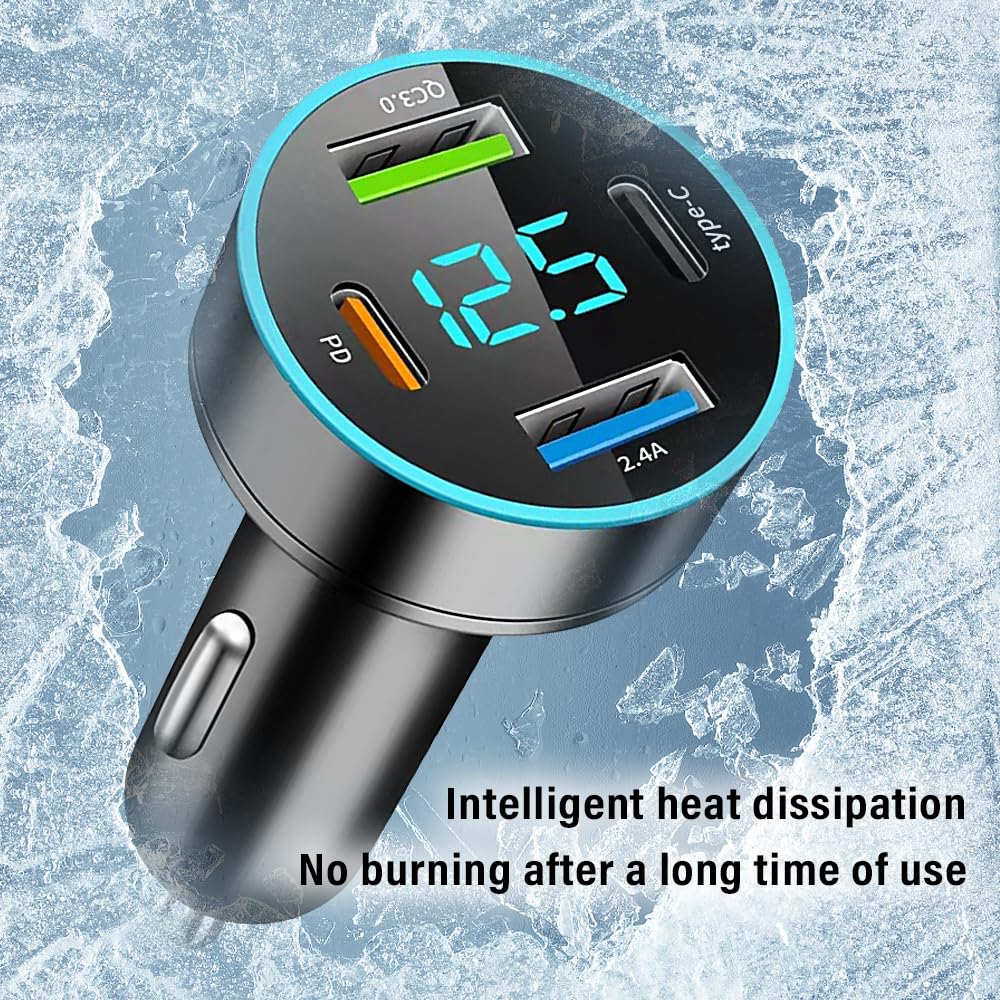 4-in-1 Fast Car Charger,PD/QC3.0/Type C Car Charger Fast Charging,Universal Car Phone Charger Cigarette Lighter USB Charger with Blue LED & Voltmeter for Car Truck SUV (QC3.0+Type-C+PD+2.4A)