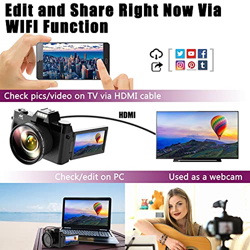 Vlogging Camera, 4K Digital Camera for YouTube Auto Focus & Anti Shake with WiFi, 16X Digital Zoom 32GB TF Card TopCam1.4