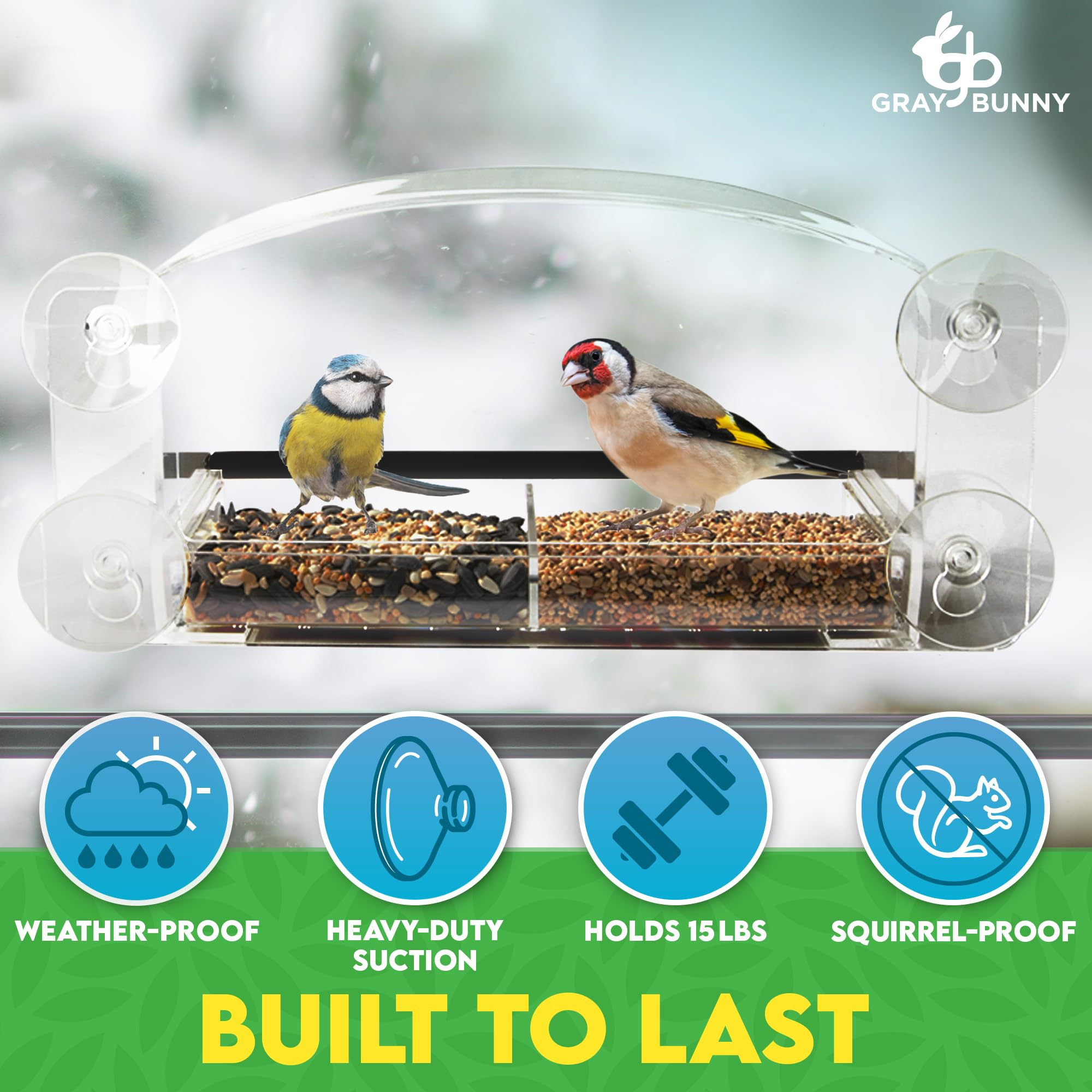 Gray Bunny Window Bird Feeder with Strong Suction Cups, Modern Window Bird Feeders for Outdoors Viewing, Clear Transparent Squirrel Proof Birdfeeder, Drain Holes, Removable Tray, Large Seed Capacity