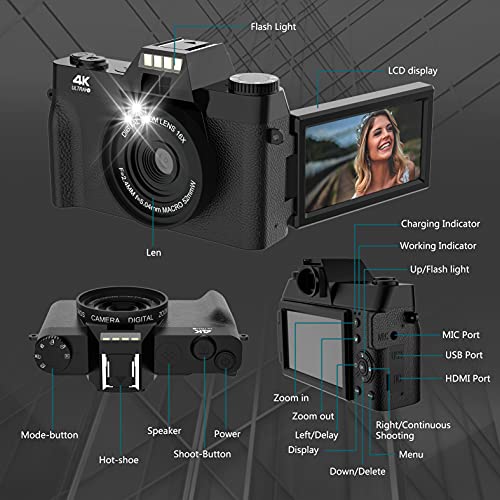 Vlogging Camera, 4K Digital Camera for YouTube Auto Focus & Anti Shake with WiFi, 16X Digital Zoom 32GB TF Card TopCam1.4