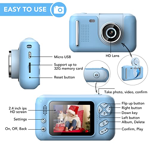 Kids Camera, 2.4Inch IPS HD Screen 180 Degree Front Back Flip Camera Design, Photo Video Game MP3 Function, Digital Camera for Kids Ages 3 to 9