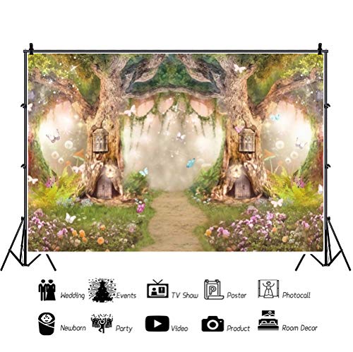 DASHAN Polyester 7x5Ft Spring Backdrop Magic Garden Fairy Tale World Grass Butterfly Wonderland Background for Kids Girl Baby Shower Birthday Party Decoration Studio Photography Banner Booth Props