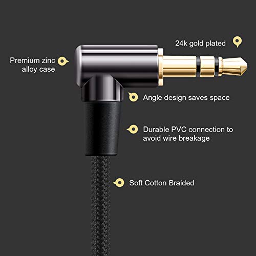 CableCreation Audio Cable, 10FT 3.5mm Right Angle Male to Male Auxiliary Stereo HiFi Cable with Silver-Plating Copper Core Compatible with Car,iPhones,Tablets,24K Gold Plated, Black