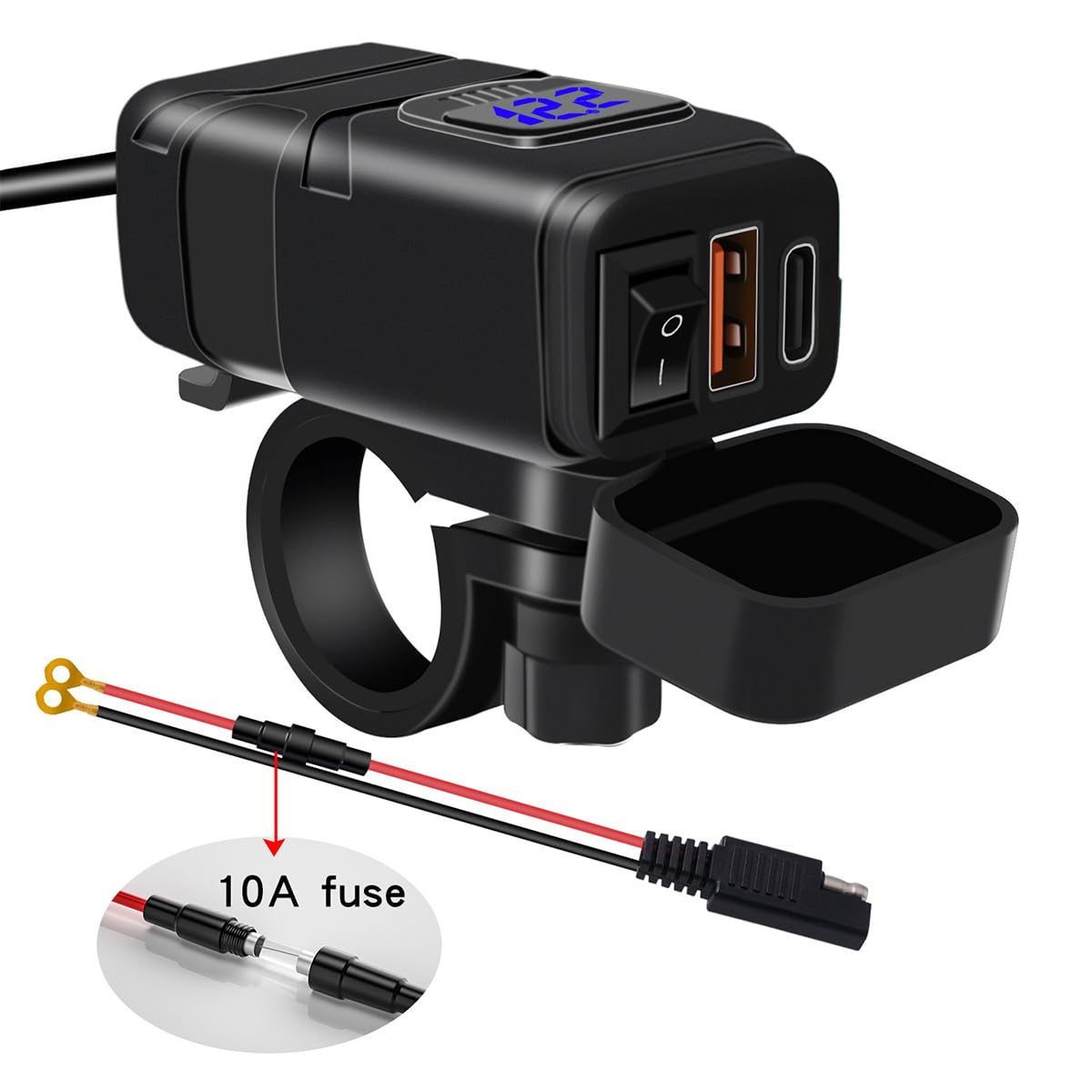 Ankuee Motorcycle USB Phone Charger, Waterproof SAE to USB Adapter with Voltmeter & ON/Off Switch, Dual Quick Charge 3.0 Charger, Motorcycle Accessories for Phone, Tablet, GPS, etc (Blue)