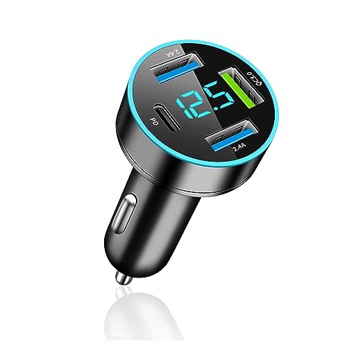 4-Port USB Car Charger,Car Charger Adapter Fast Charging Cigarette Lighter USB Charger with Blue LED,2.4A+PD+QC3.0 Ports Car Charger Adapter Compatible with iPhone/Android(QC3.0+2.4A+2.4A+PD)